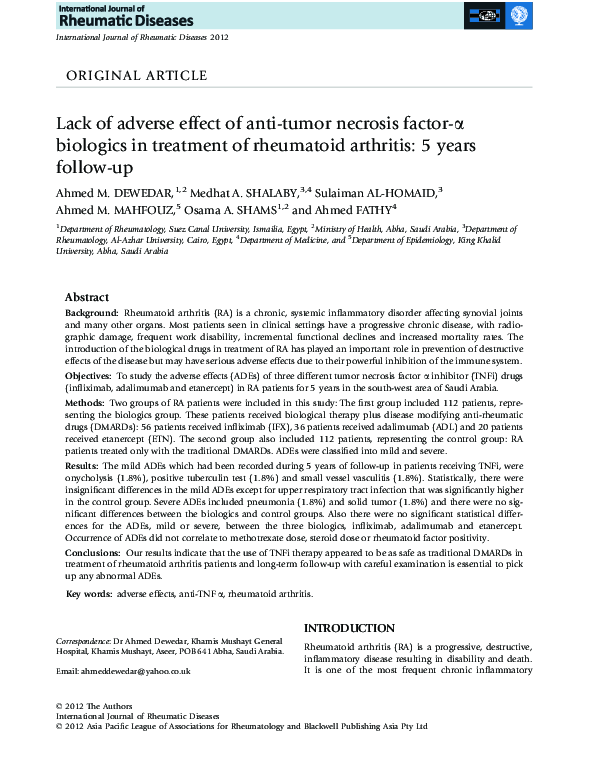 (PDF) Lack of adverse effect of anti-tumor necrosis factor-α biologics in treatment of ...