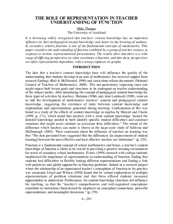 (PDF) The Role of Representation in Teacher Understanding of Function