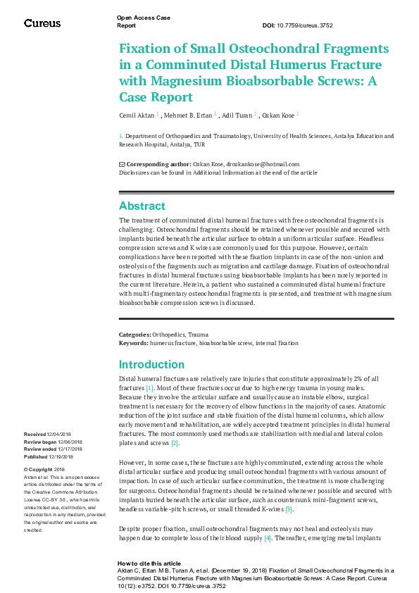 (PDF) Fixation of Small Osteochondral Fragments in a Comminuted Distal ...