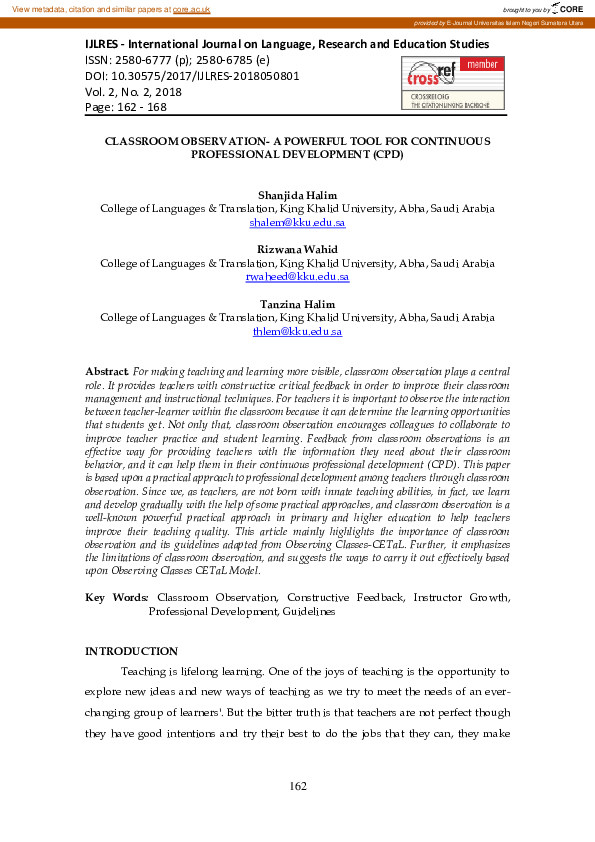 (PDF) Classroom Observation- a Powerful Tool for Continuous Professional Development (CPD)