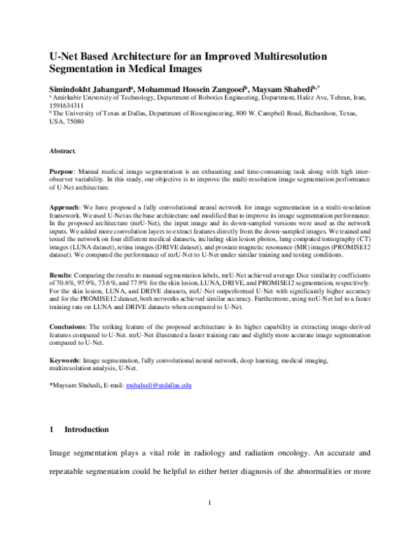 Pdf U Net Based Architecture For An Improved Multiresolution