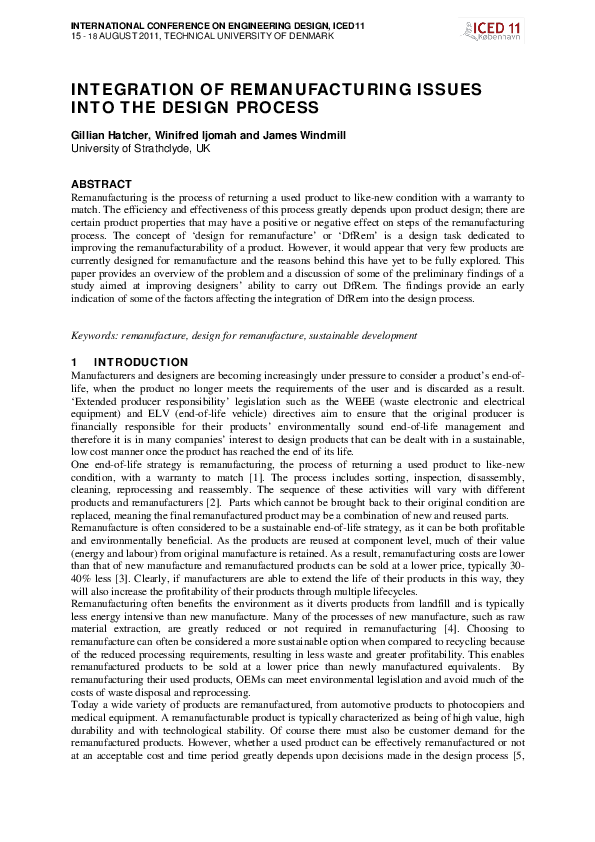 (PDF) Integration of remanufacturing issues into the design process