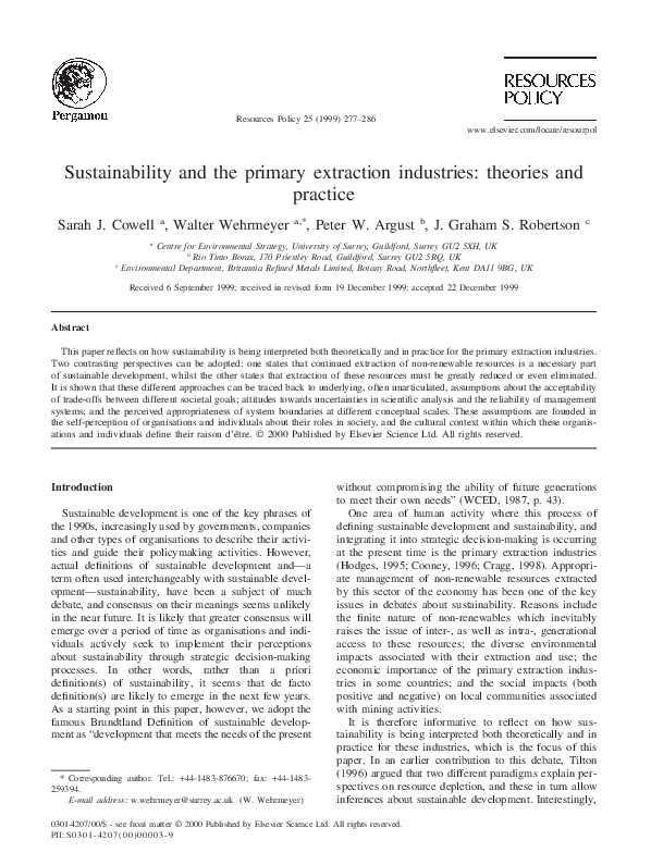 (PDF) Sustainability and the primary extraction industries: theories ...