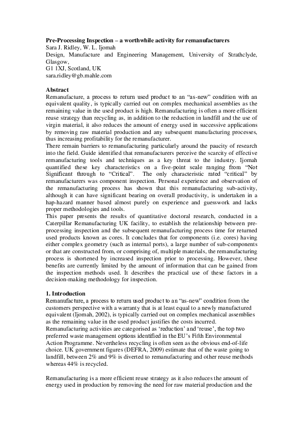 (PDF) Pre-processing inspection – a worthwhile activity for remanufacturers