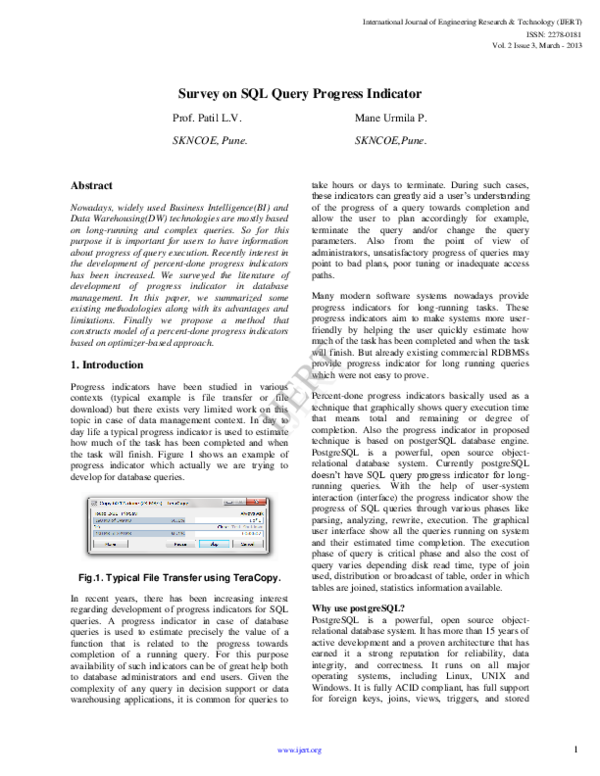 Pdf Survey On Sql Query Progress Indicator Drur Mane Patil