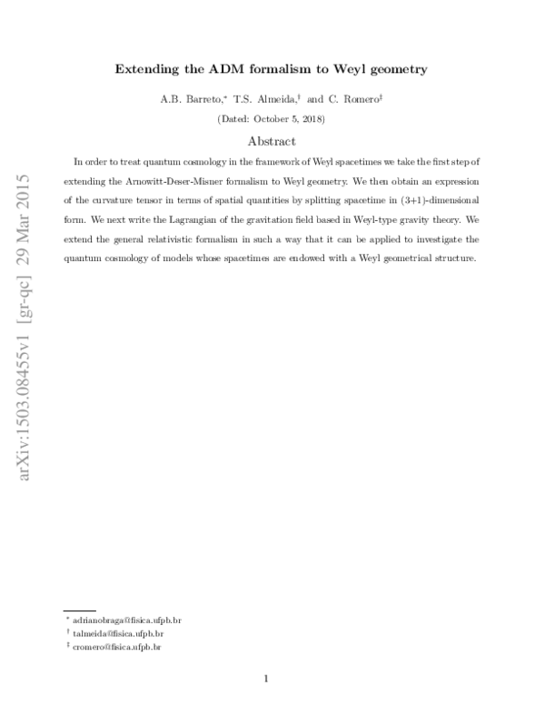 (PDF) Extending the ADM formalism to Weyl geometry