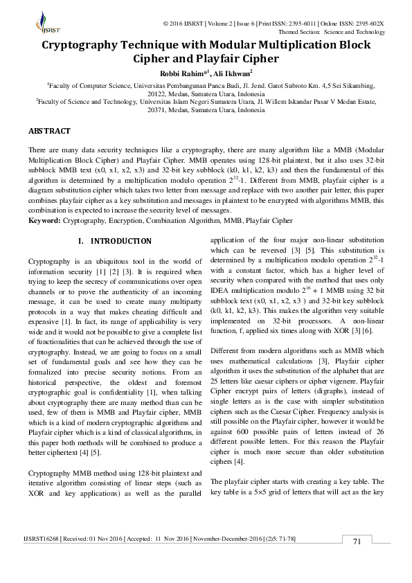 (PDF) IJSRST16268 | Cryptography Technique with Modular Multiplication ...