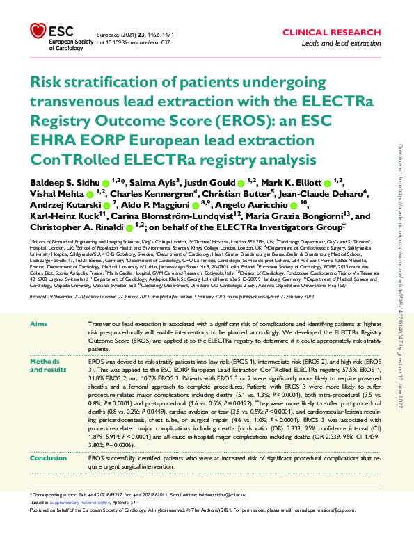 (PDF) Risk stratification of patients undergoing transvenous lead extraction with the ELECTRa ...