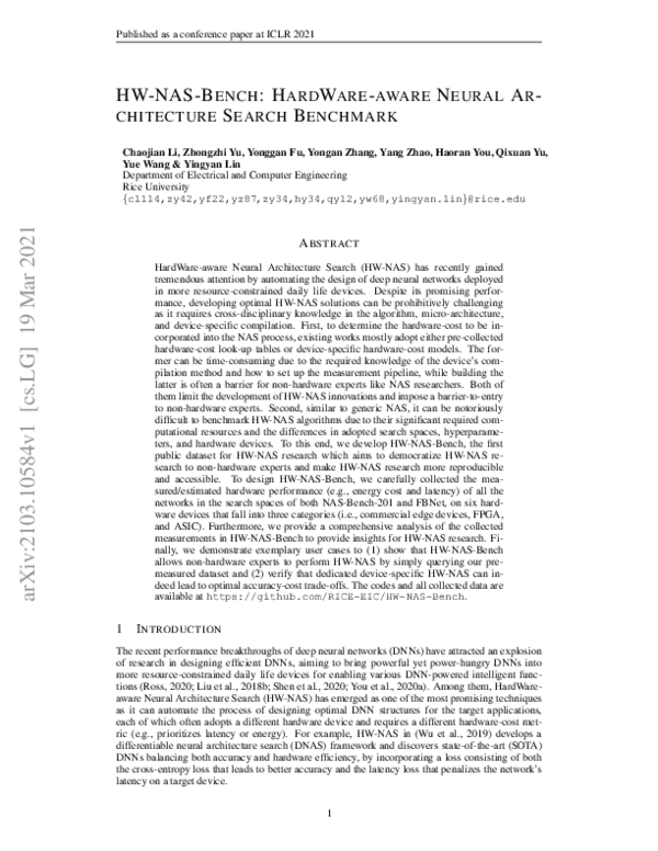 (PDF) HW-NAS-Bench: Hardware-Aware Neural Architecture Search Benchmark (PDF) HW-NAS-Bench: Hardware-Aware Neural Architecture Search Benchmark
