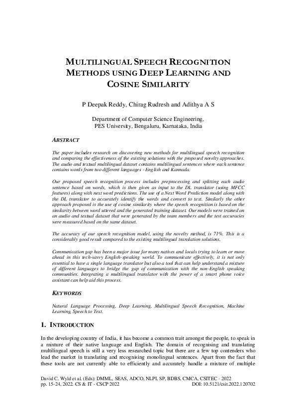 (PDF) Multilingual Speech Recognition Methods using Deep Learning and Cosine Similarity