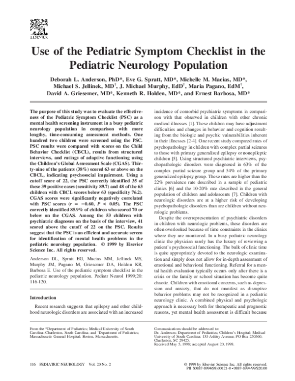 (PDF) Use of the pediatric symptom checklist in the pediatric neurology ...