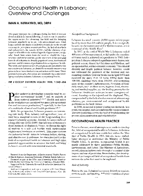 (PDF) Occupational Health in Lebanon: Overview and Challenges