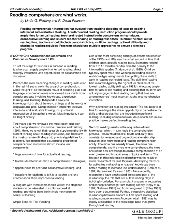 (PDF) Reading comprehension: What works