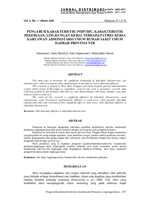 (PDF) Pengaruh Karakteristik Individu, Karakteristik Pekerjaan, Lingkungan Kerja Terhadap Stres ...