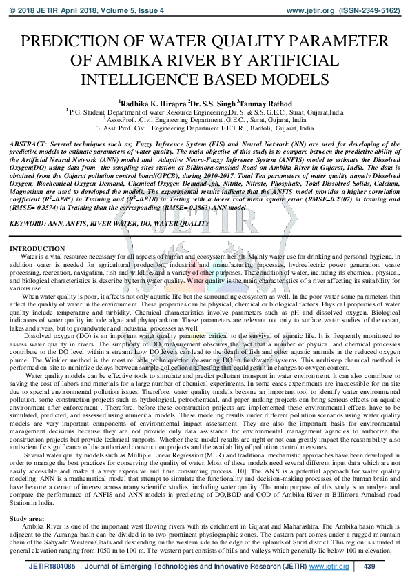 (PDF) Prediction of Water Quality Parameter of Ambika River by Artificial Intelligence Based Models