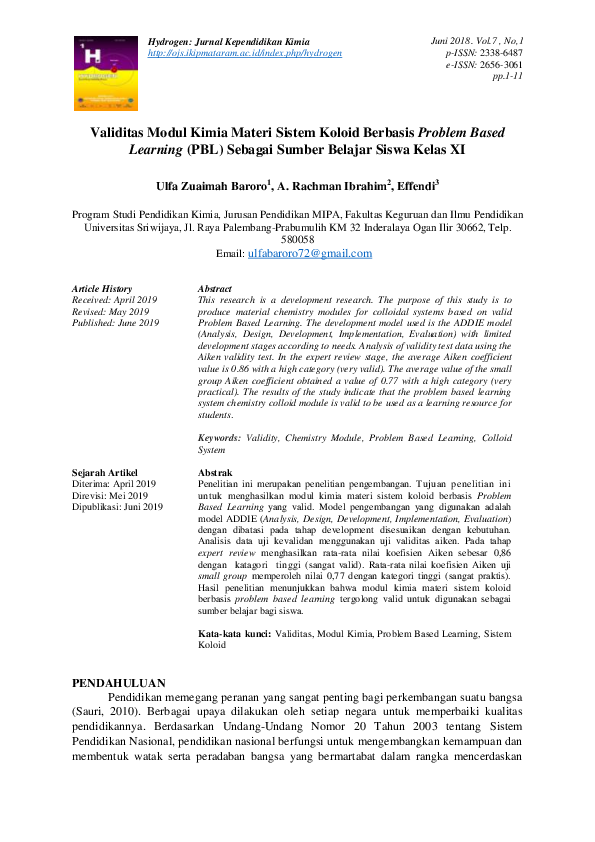 (PDF) Pengembangan Modul Kimia Materi Sistem Koloid Berbasis Problem Based Learning (PBL) DI ...