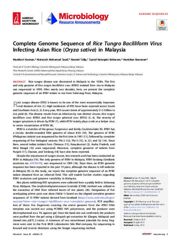 (PDF) Complete Genome Sequence of Rice Tungro Bacilliform Virus ...