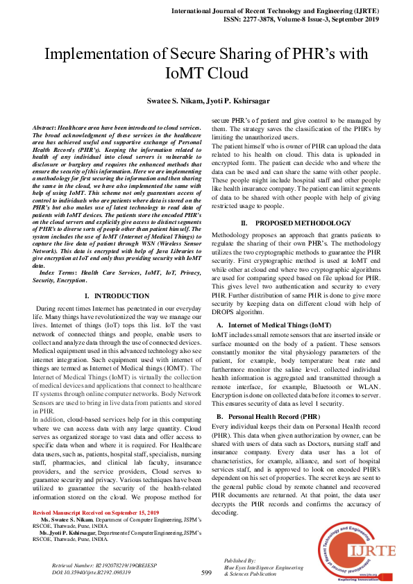 (PDF) Implementation of Secure Sharing of PHR’s with IoMT Cloud