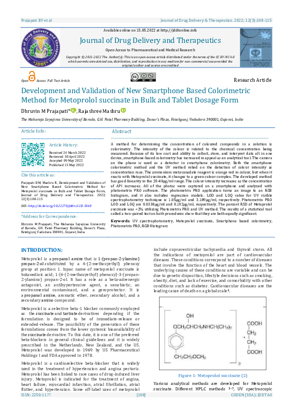 Pdf Development And Validation Of New Smartphone Based Colorimetric Method For Metoprolol
