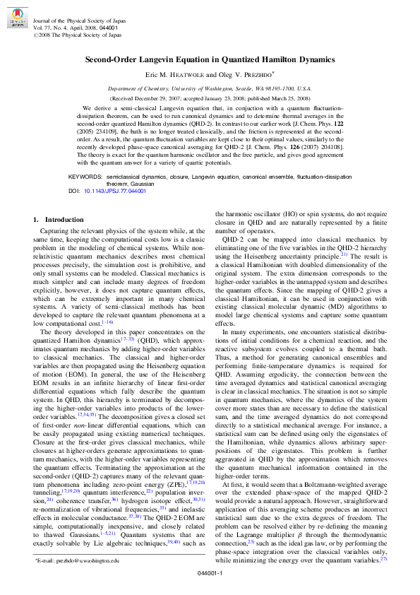 Pdf Second Order Langevin Equation In Quantized Hamilton Dynamics Oleg Victor Prezhdo