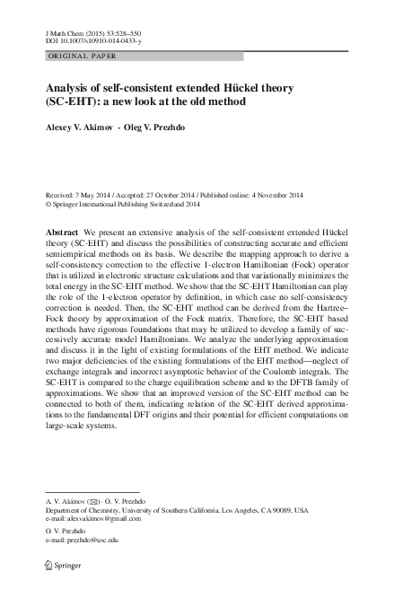 (PDF) Analysis of self-consistent extended Hückel theory (SC-EHT): a new look at the old method