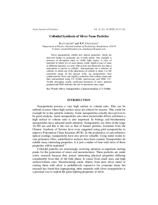 (PDF) Colloidal Synthesis of Silver Nano Particles
