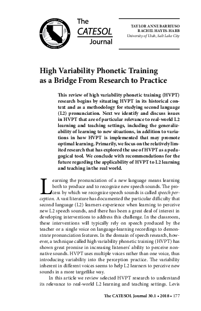(PDF) High Variability Phonetic Training as a Bridge from Research to Practice