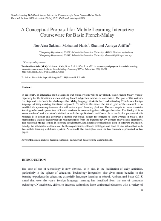 Pdf A Conceptual Proposal For Mobile Learning Interactive Courseware For Basic French Malay 