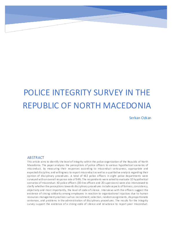 (PDF) POLICE INTEGRITY SURVEY IN THE REPUBLIC OF NORTH MACEDONIA