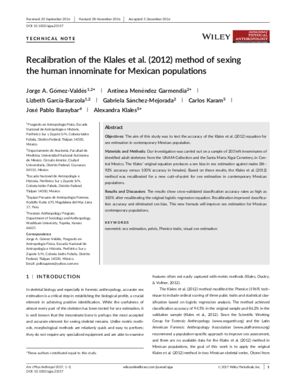 (PDF) Recalibration of the Klales et al. (2012) method of sexing the ...