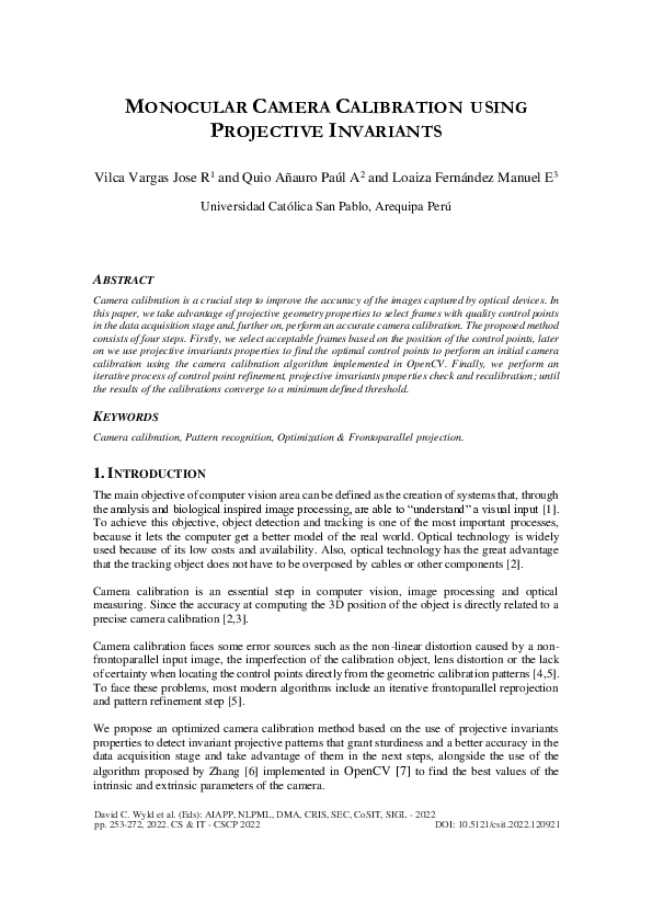 (PDF) Monocular Camera Calibration using Projective Invariants