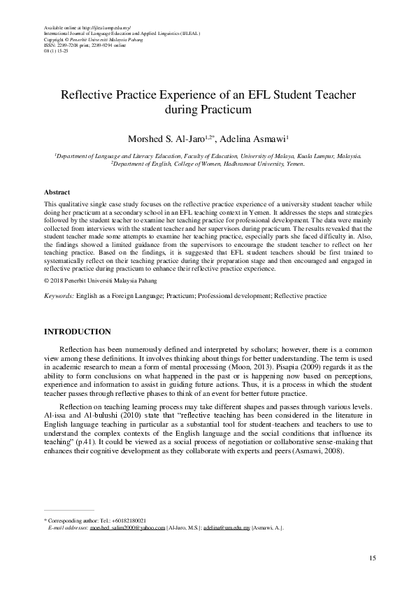 (PDF) Reflective Practice Experience of an EFL Student Teacher during Practicum