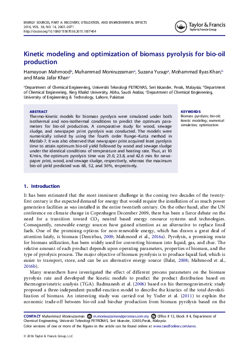 (PDF) Kinetic modeling and optimization of biomass pyrolysis for bio-oil production