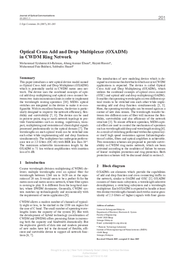(PDF) Optical Cross Add and Drop Multiplexer (OXADM) in CWDM Ring Network