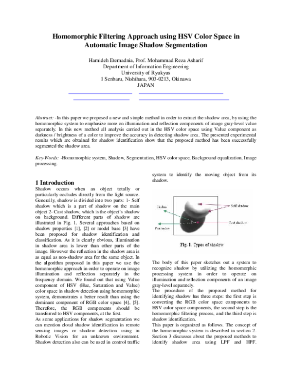 Pdf Homomorphic Filtering Approach Using Hsv Color Space In Automatic Image Shadow Segmentation