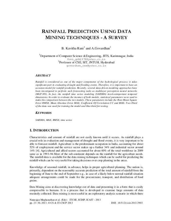 Pdf Rainfall Prediction Using Data Mining Techniques A Survey