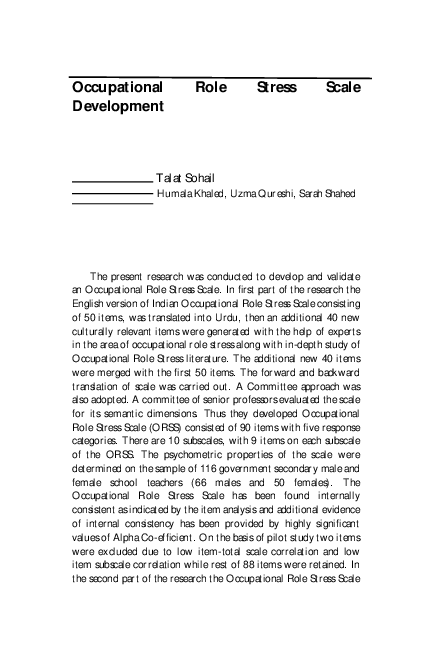 (PDF) Occupational Role Stress Scale Development Talat Sohail
