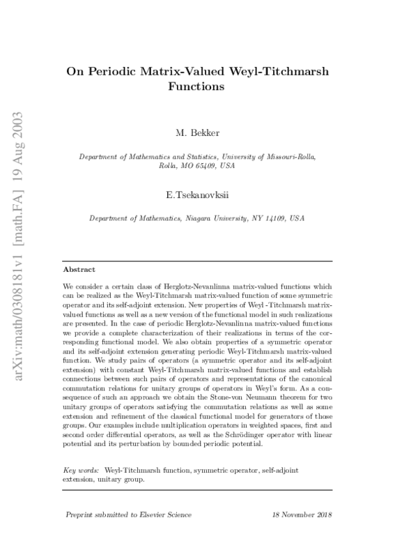 (PDF) On periodic matrix-valued Weyl?Titchmarsh functions