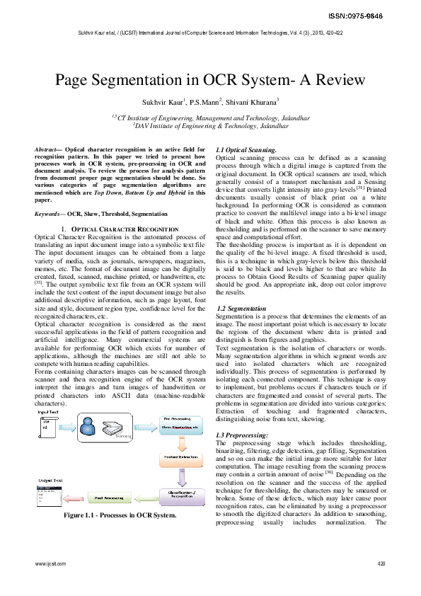 (PDF) Page Segmentation in OCR System- A Review
