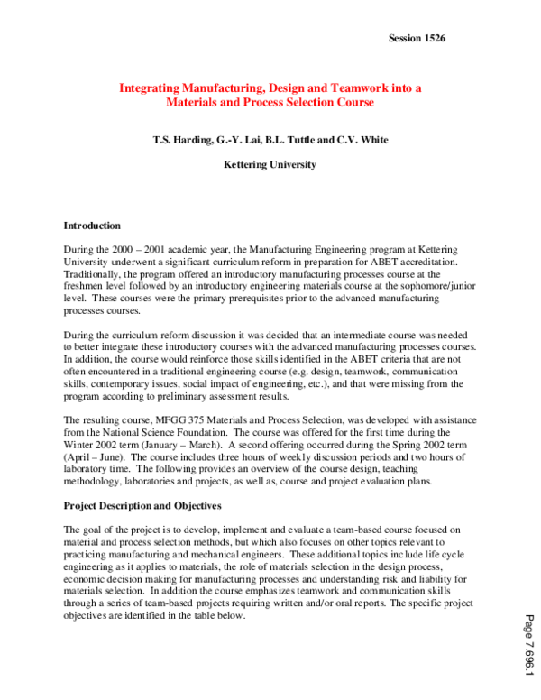 (PDF) Integrating Manufacturing, Design, And Teamwork Into A Materials ...