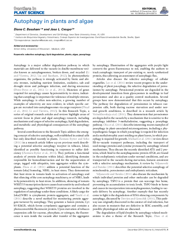 (PDF) Autophagy in plants and algae