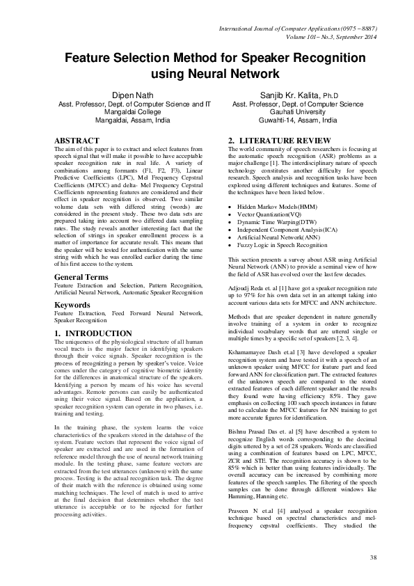 (PDF) Feature Selection Method for Speaker Recognition using Neural Network
