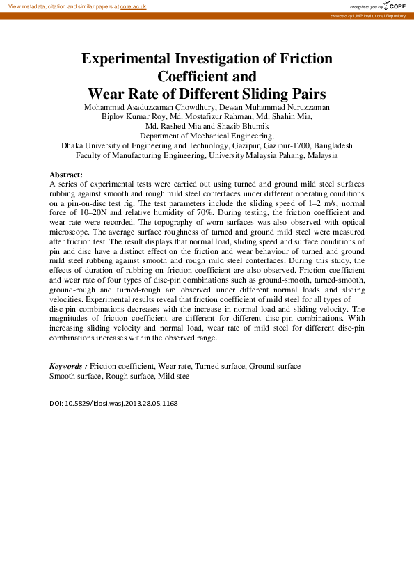 Pdf Experimental Investigation Of Friction Coefficient And Wear Rate Of Different Sliding Pairs