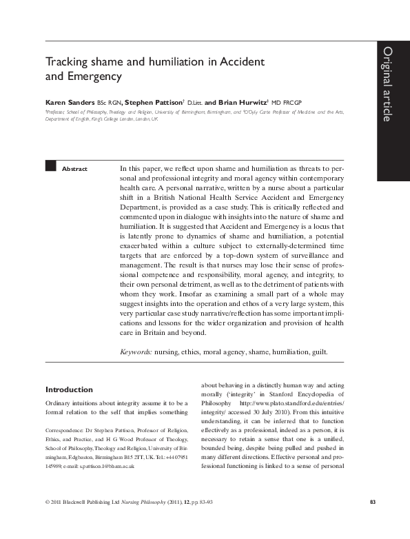(PDF) Tracking shame and humiliation in Accident and Emergency | Brian ...