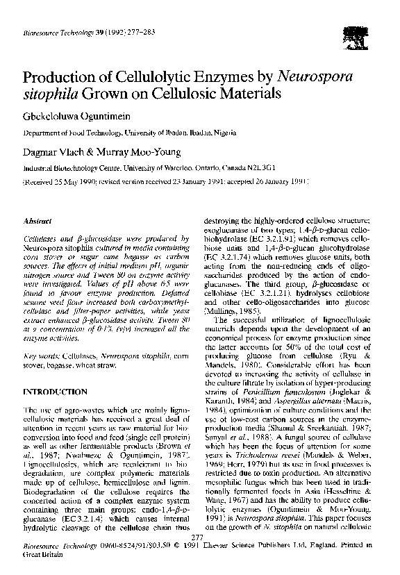 (PDF) Production of cellulolytic enzymes by Neurospora sitophila grown on cellulosic materials