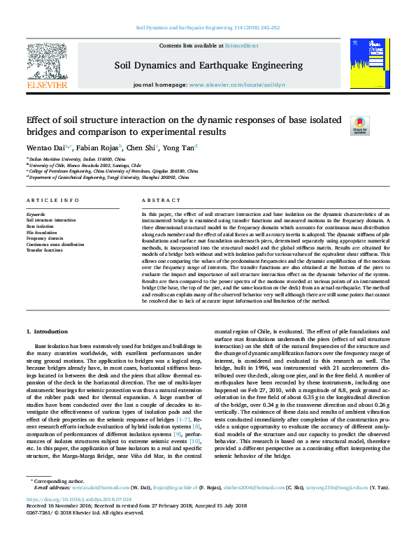 (PDF) Effect of soil structure interaction on the dynamic responses of base isolated bridges and ...