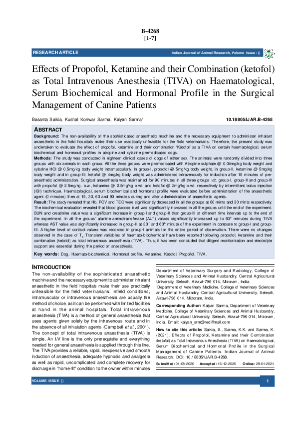 (PDF) Effects of Propofol, Ketamine and their Combination (ketofol) as ...