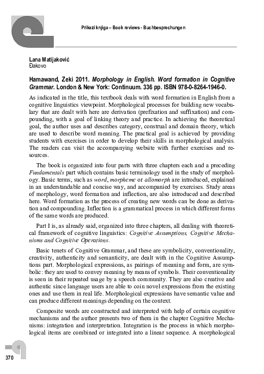 (PDF) Hamawand, Zeki 2011. Morphology in English. Word formation in Cognitive Grammar | Lana ...