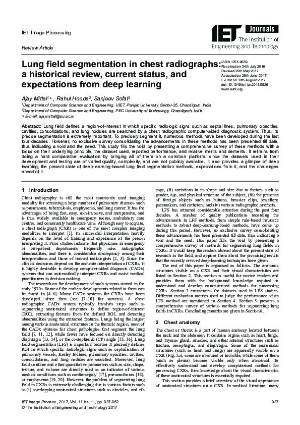 (PDF) Lung field segmentation in chest radiographs: a historical review, current status, and ...