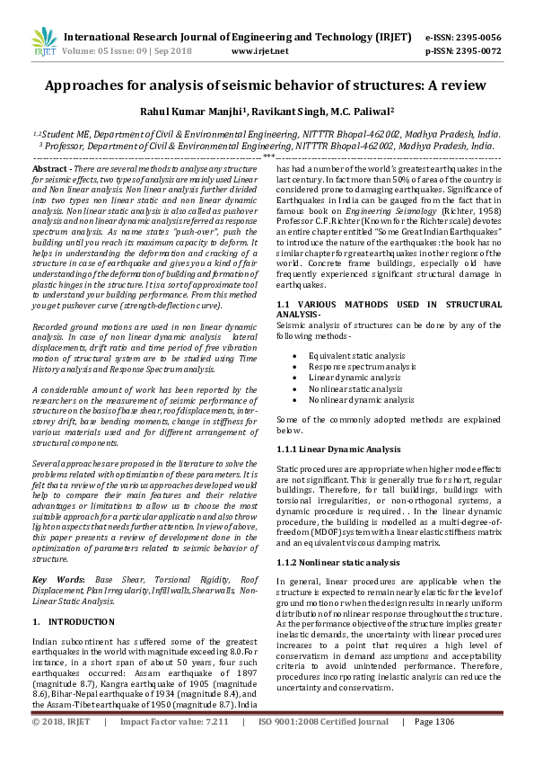Pdf Approaches For Analysis Of Seismic Behavior Of Structures A Review